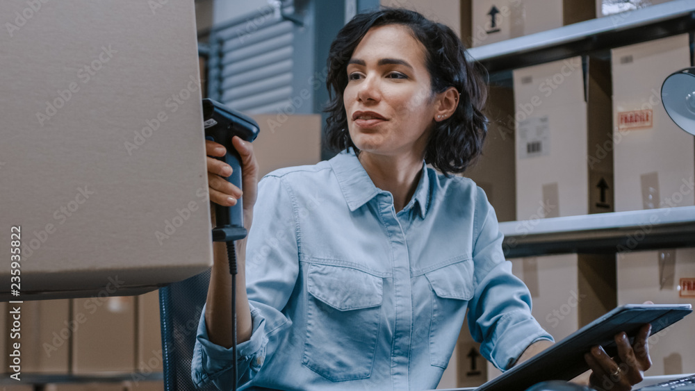 Female Inventory Manager Scans Cardboard Box and Digital Tablet with ...