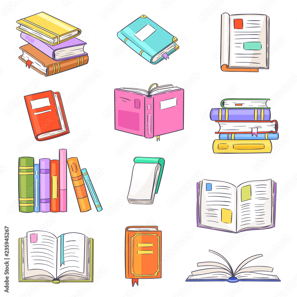 Books vector opened diary story-book and notebook on bookshelves in ...