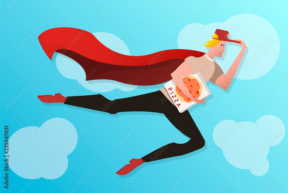 the pizza delivery boy is flying in the clouds, superhero with cooked ...