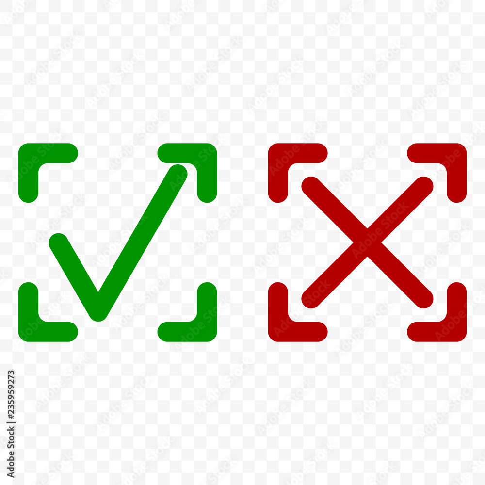 Icon of acceptance and rejection. Tick and cross symbol in square frame ...