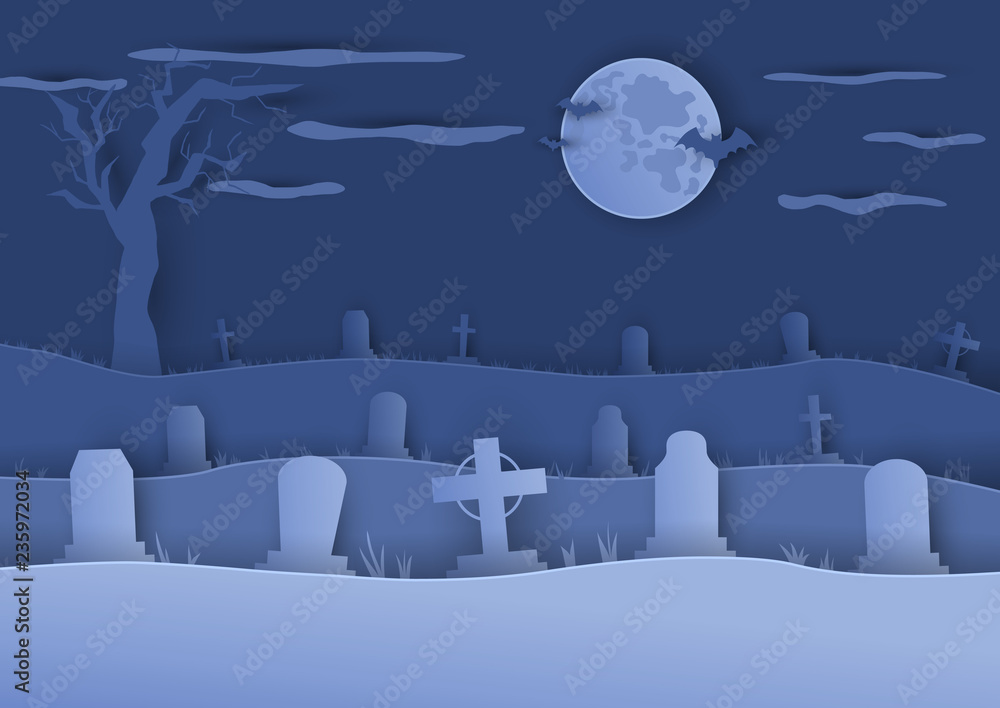 Cemetery or graveyard background in paper cut art style. Moon and ...