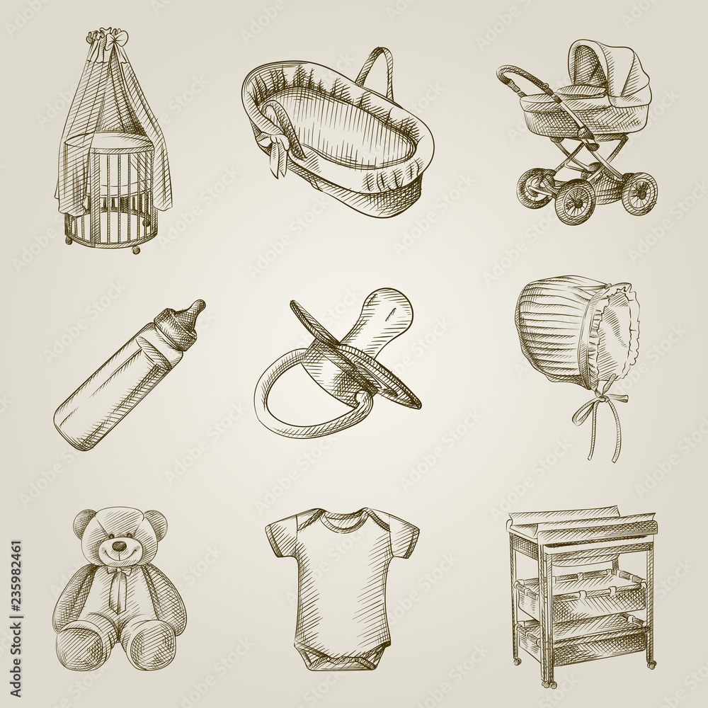 Hand Drawn Baby and newborn things Sketches Set. Collection Of Teddy ...