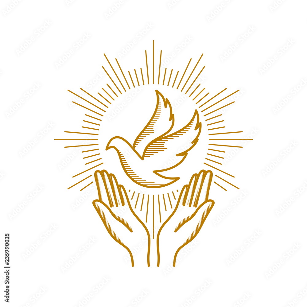 Church logo. Christian symbols. Praying hands and dove - a symbol of ...