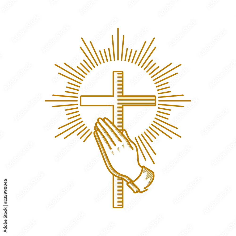 Church logo. Christian symbols. Praying hands and cross of Jesus Christ ...