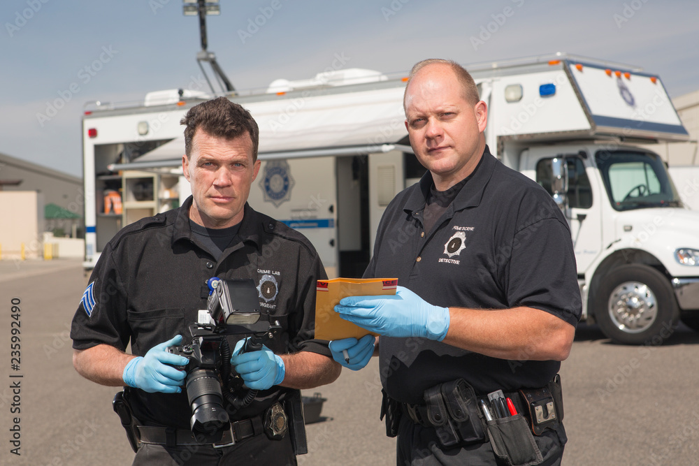 Crime Scene Investigator team collecting evidence at crime scene. Stock ...