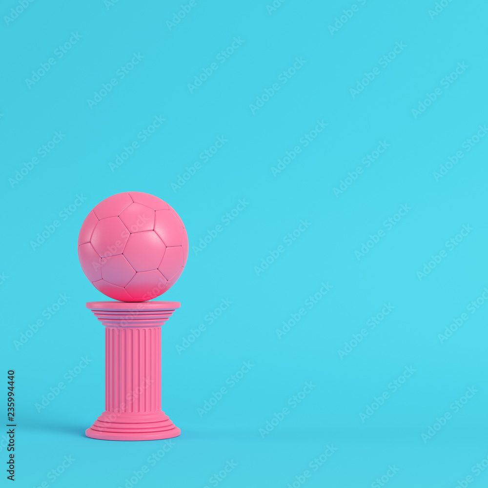 Pink column with soccer ball on bright blue background in pastel colors ...
