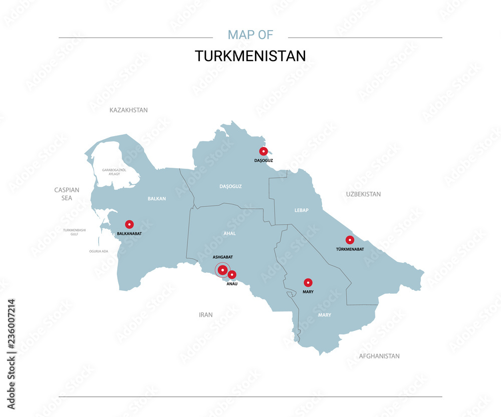 Turkmenistan vector map. Editable template with regions, cities, red ...
