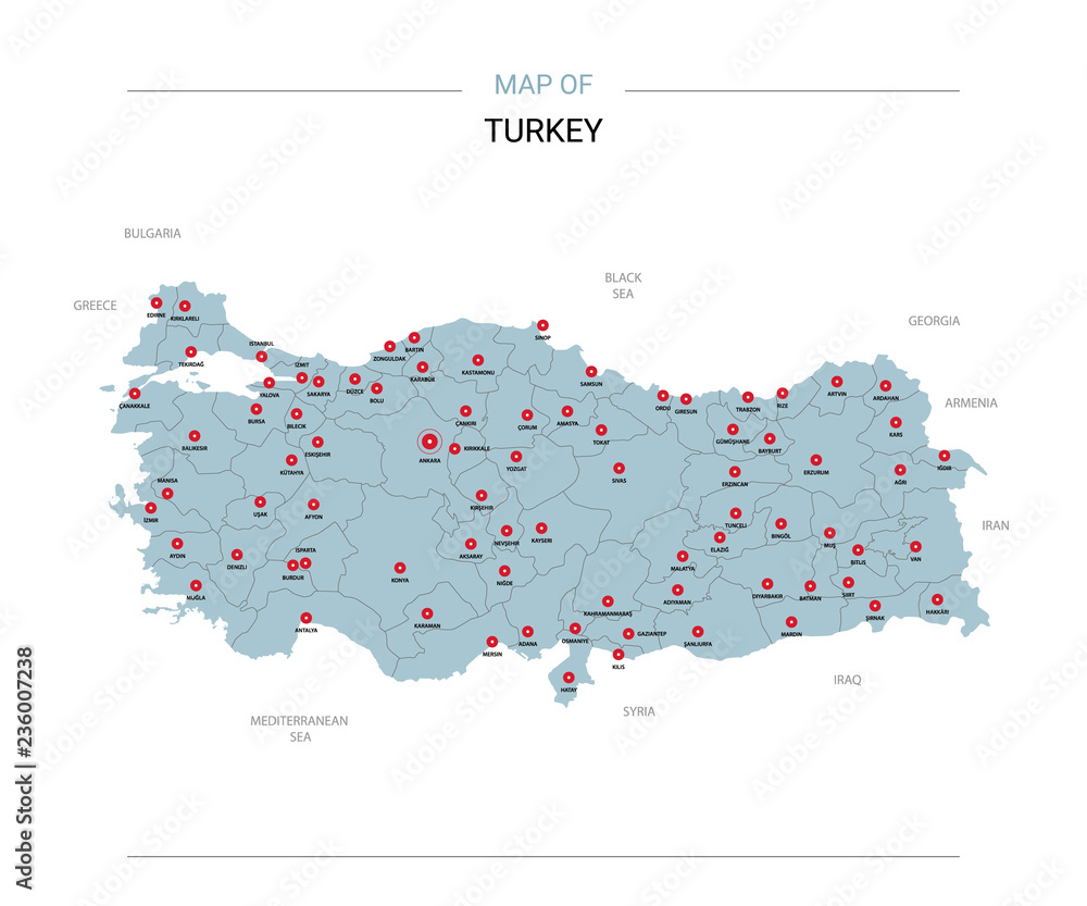Turkey vector map. Editable template with regions, cities, red pins and ...