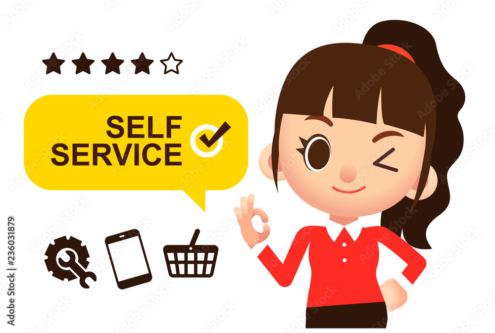 Vector cute female character with self service label and some icons ...