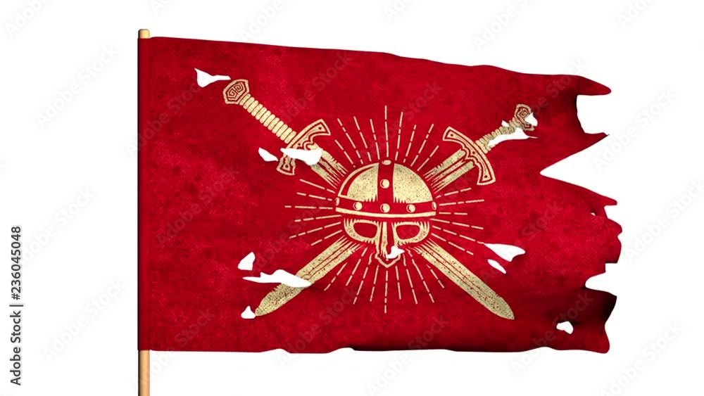 Waving red ragged flag of knightly order with helmet and crossed swords ...