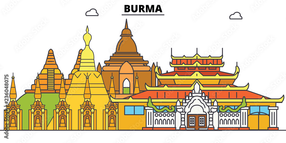 Burma line skyline vector illustration. Burma linear cityscape with ...