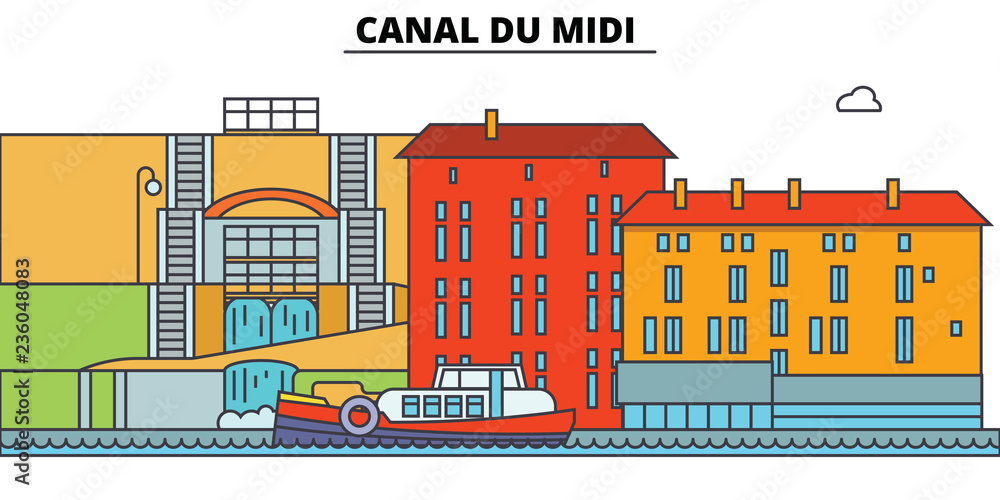 Canal Du Midi line travel landmark, skyline vector design. Canal Du ...