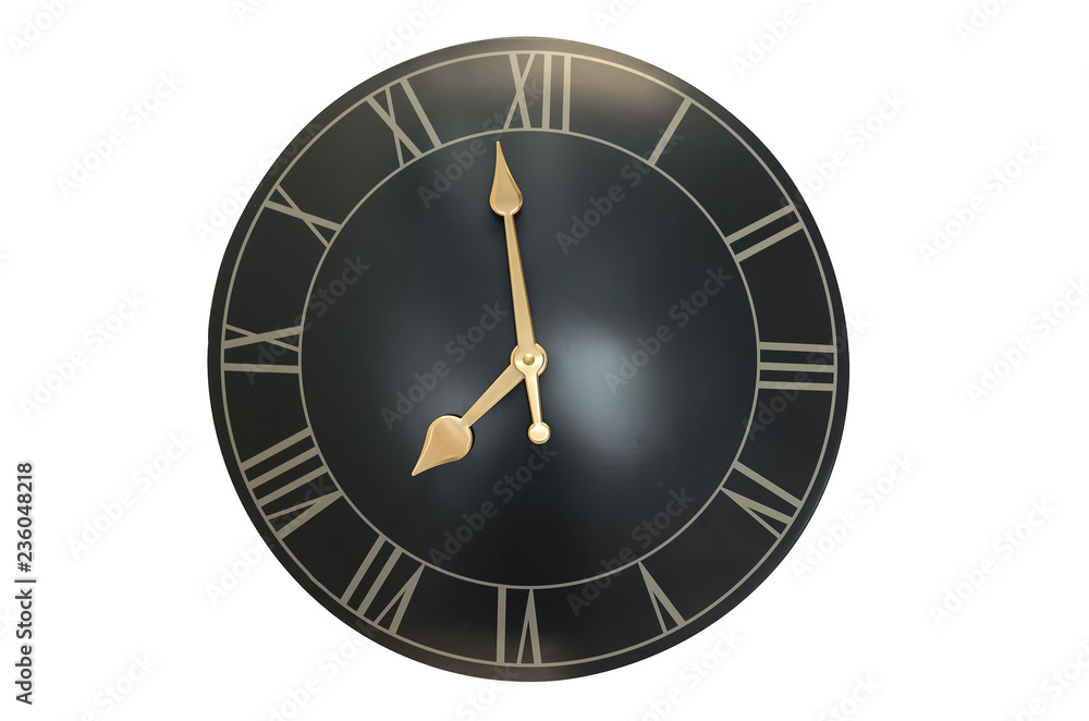 Black wall clock with Roman numerals on the clock face isolated on the ...