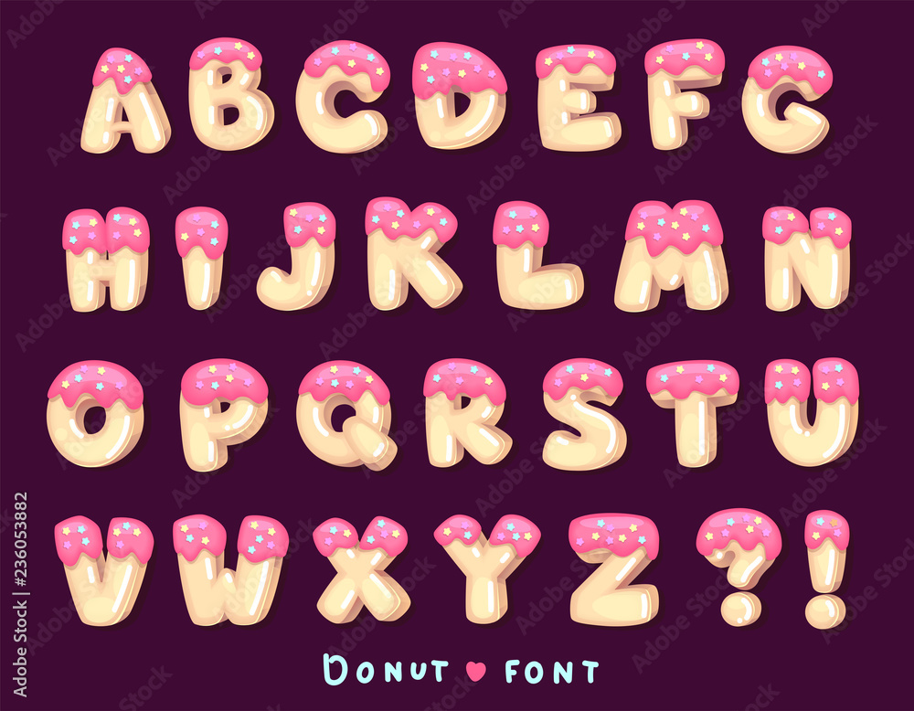 Font "Donut". Cartoon vector illustration type set. Sweet letters ...