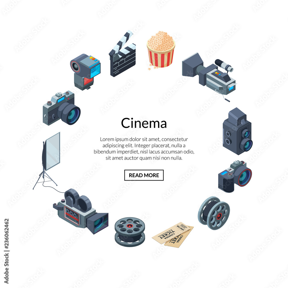 Vector cinematograph isometric elements in circle shape with place for ...