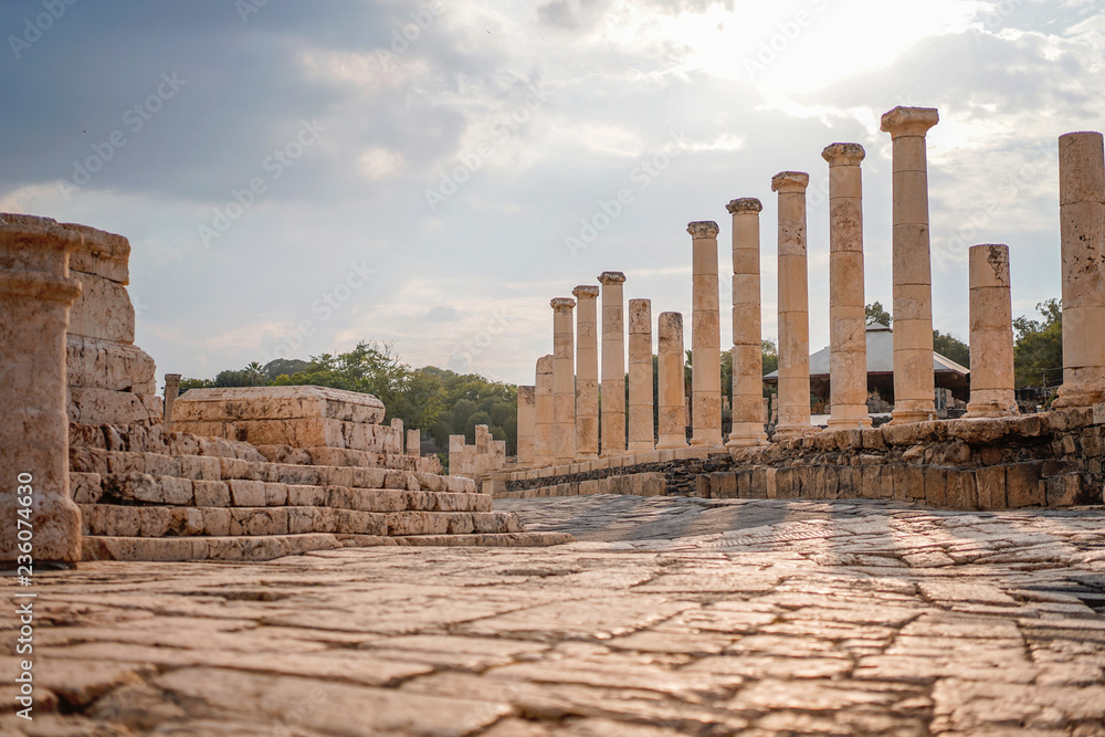 ancient street and columns in archaeological site Scythopolis, Beit ...