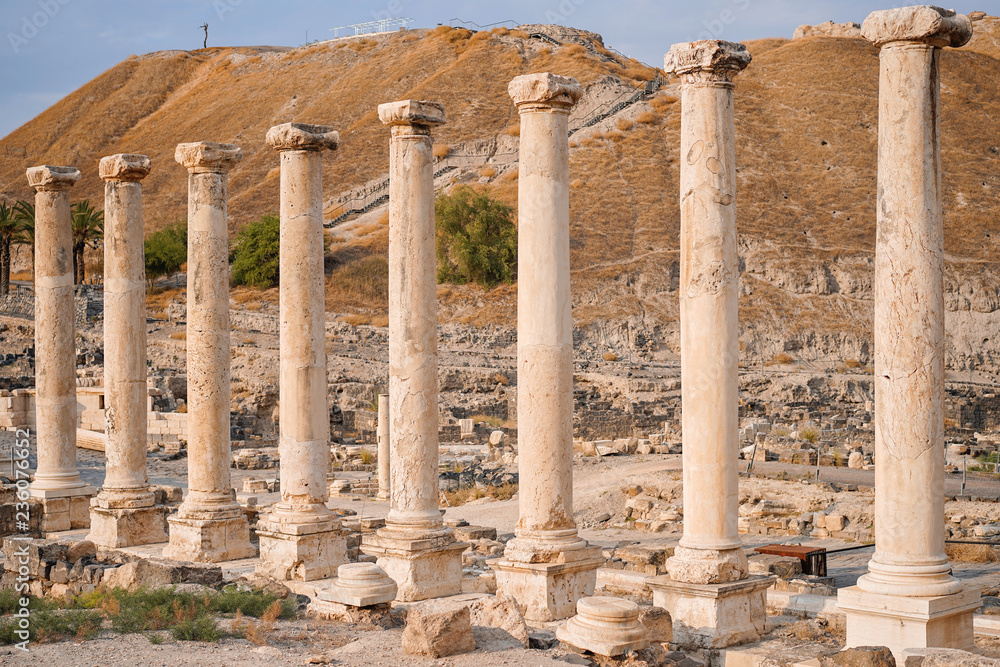 Ruins of the roman period in Beit She'An in Galilee in Israel, the hill ...