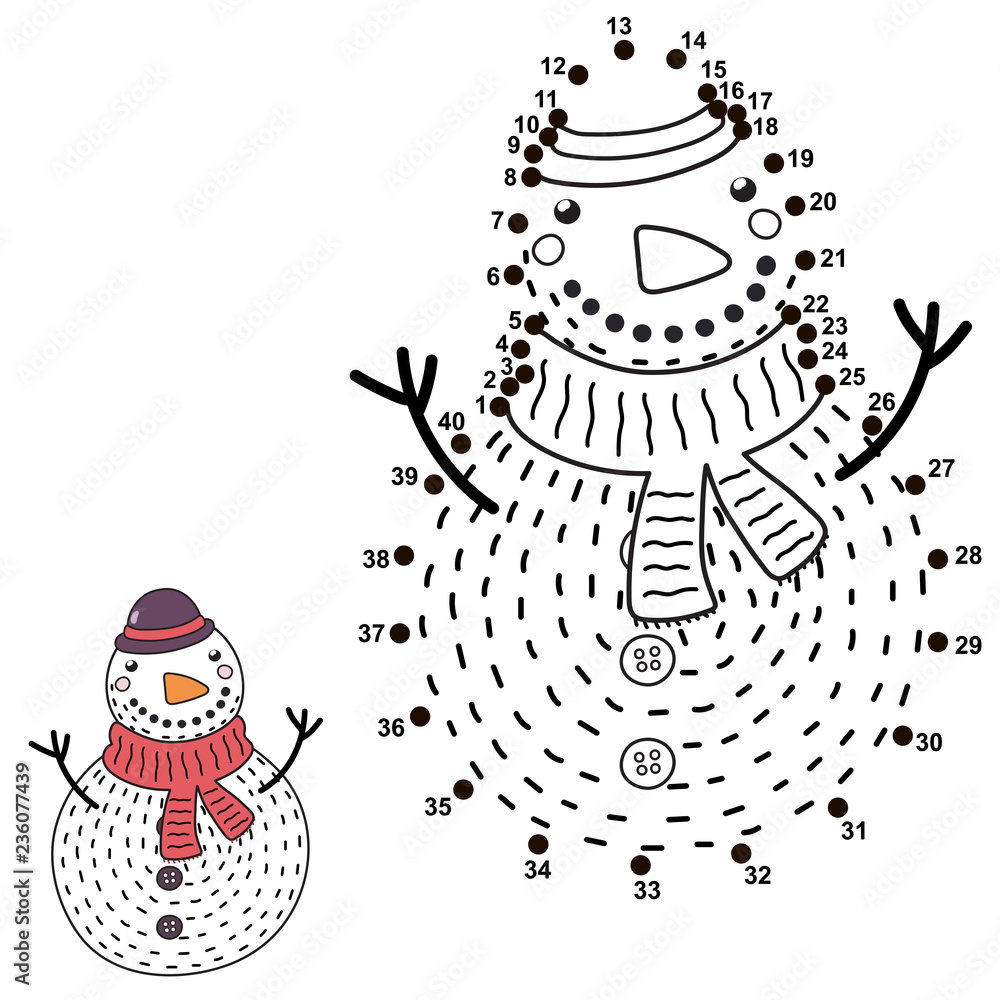 Connect the dots and draw a funny Snowman. Christmas numbers game for ...
