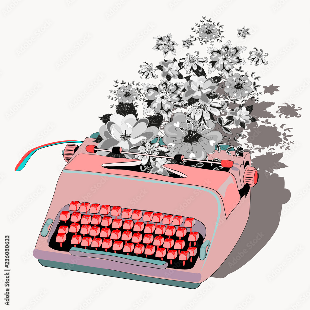 Pink typewriter with black and white flowers. Vector illustration on ...