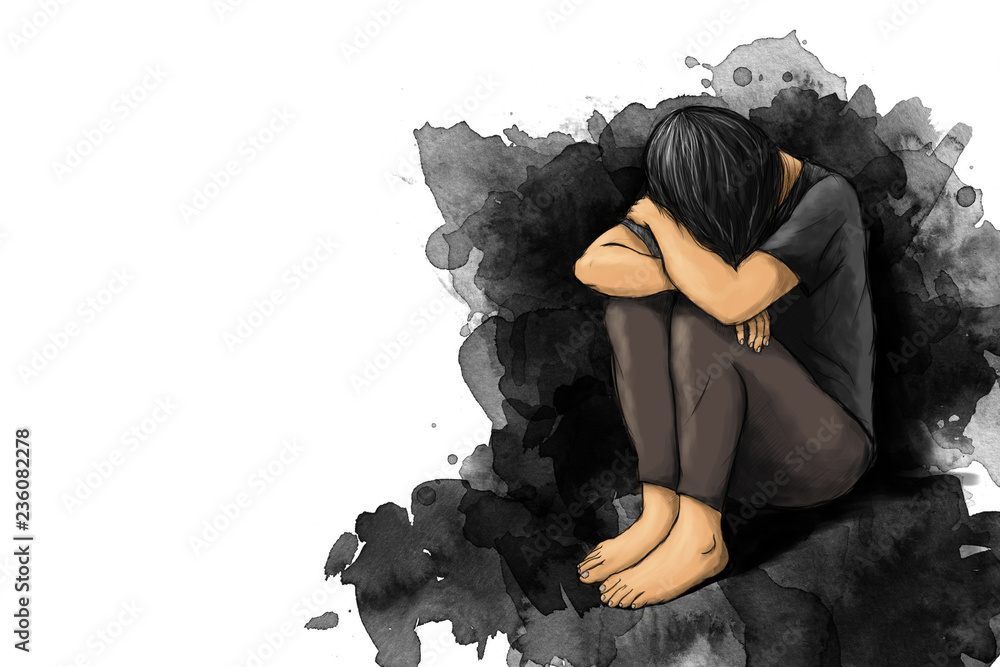 Illustration Of Sad Woman Hug Her Knee And Cry With Copy Space Stock