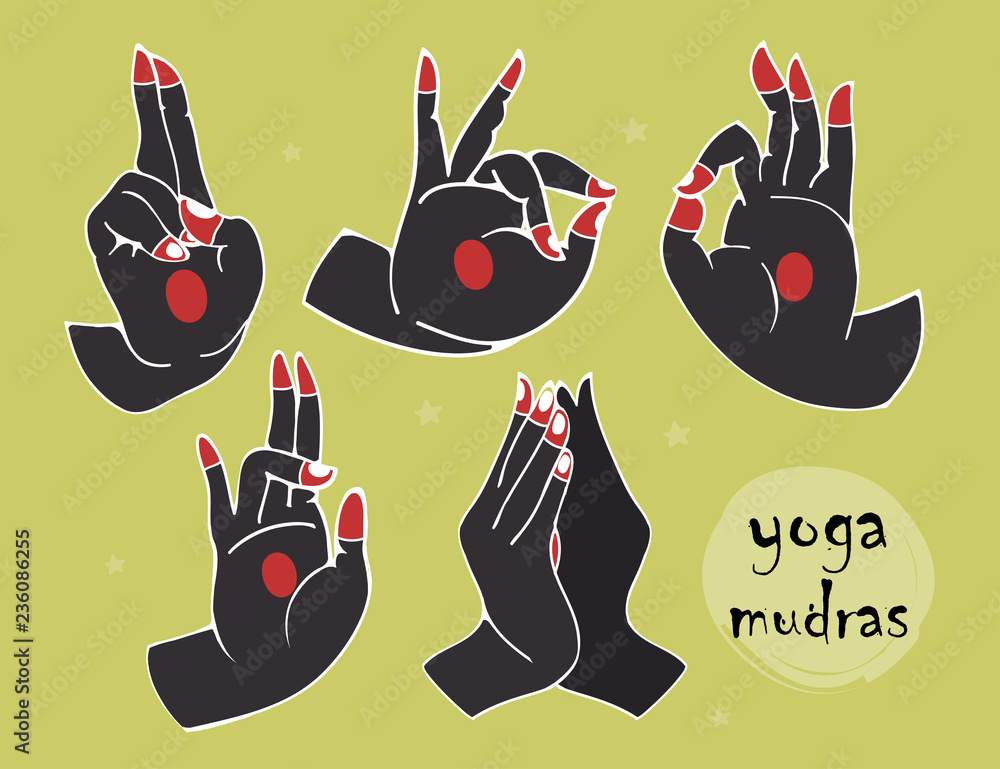 Hand drawn yoga mudras. Colored graphic vector set. Everything is ...