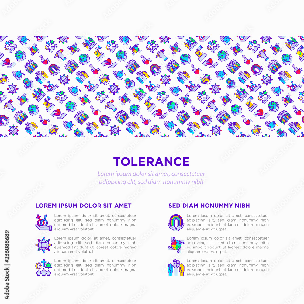 Tolerance concept with thin line icons: gender, racial, national ...