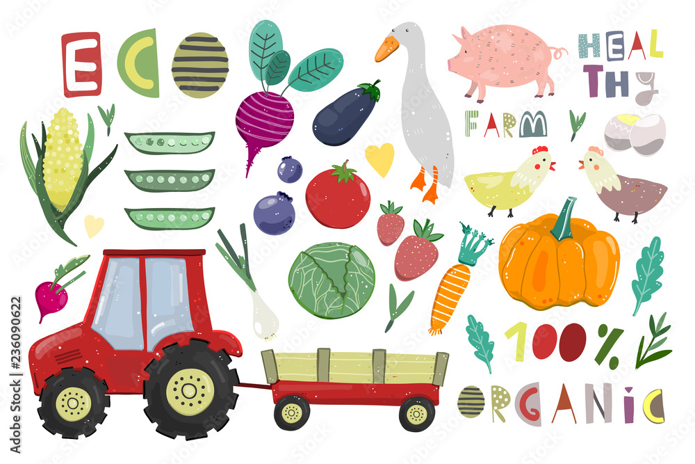 Big farm set. Cartoon vector collection. All elements are isolated ...