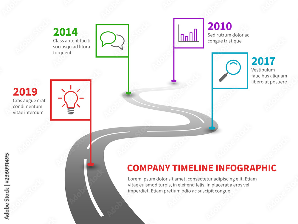 Company timeline. Milestone road with pointers, history process line ...