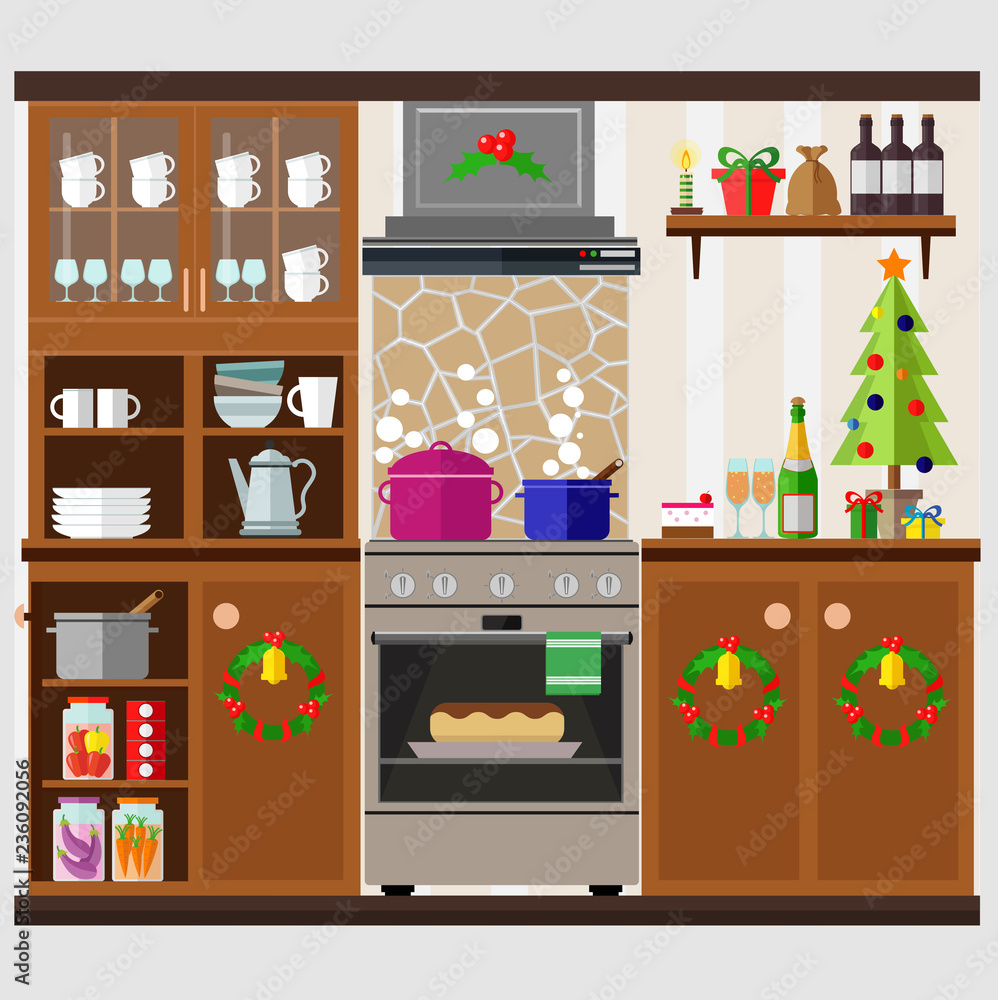 Christmas kitchen interior, cooking delicious food to celebrate ...