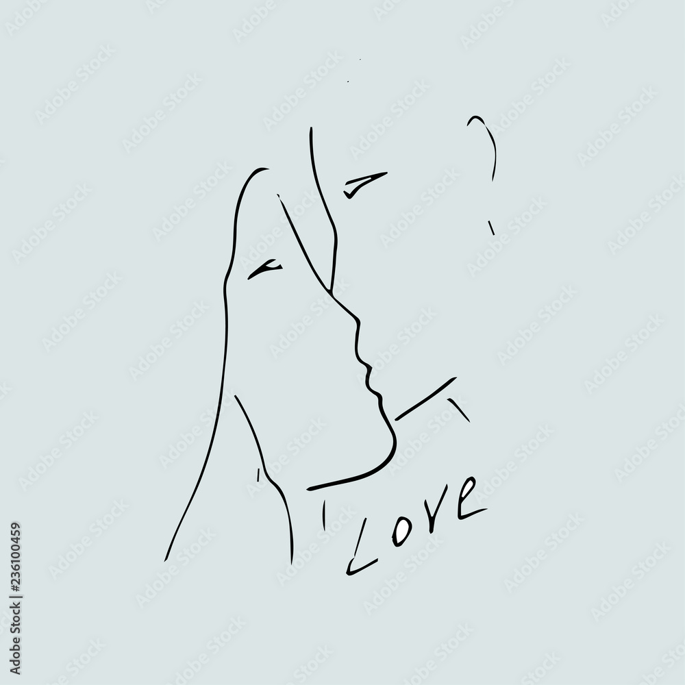 Love idea. Boy and girl kiss. Outline drawing. Stock Vector | Adobe Stock
