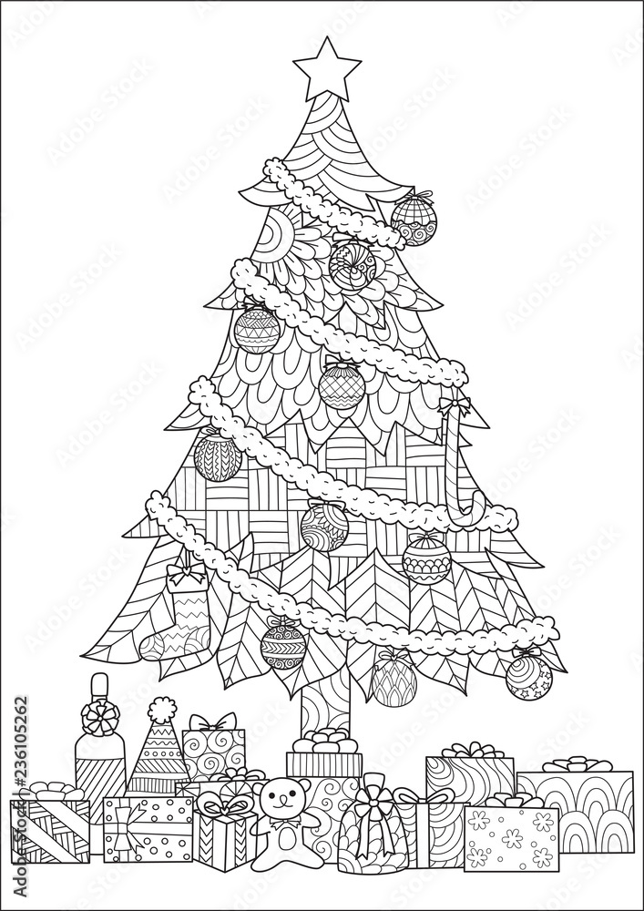 Christmas tree,presents and ornaments drawing for cards and coloring ...