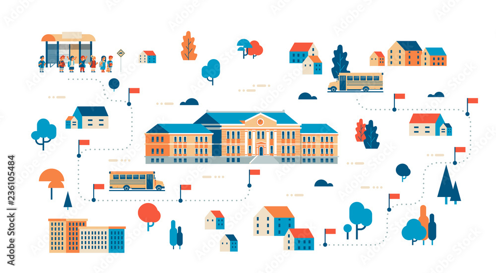 pupils going to school map isometric building yard bus station success ...