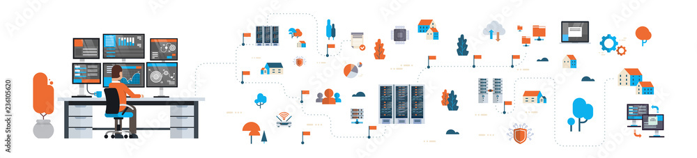 Vetor de businessman analytic monitor graph over data network flowchart ... Vetor de businessman analytic monitor graph over data network flowchart ...