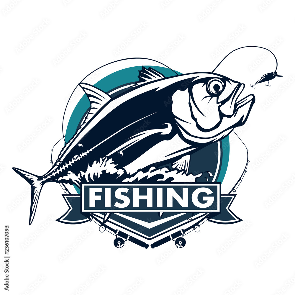 Fishing emblem of permit isolated on white. Bone fish logo in blue ...