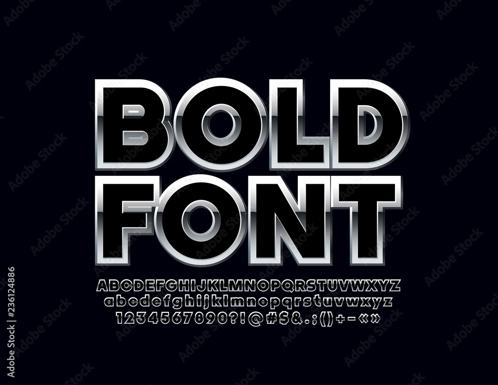 Stylish Silver Bold Font. Vector steel Letters, Numbers and Symbols ...