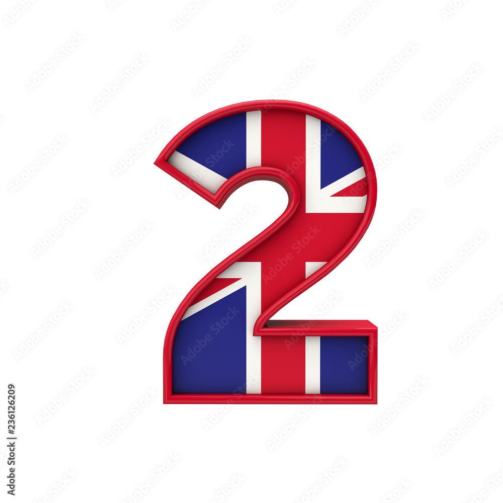 Number 2 Union Jack font, Great Britain flag lettering. 3D Rendering ...