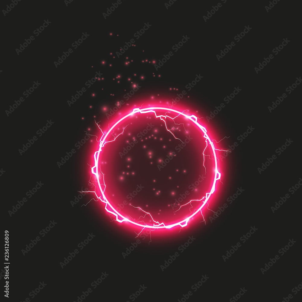 Red round frame. Shining circle banner. Isolated on black transparent ...