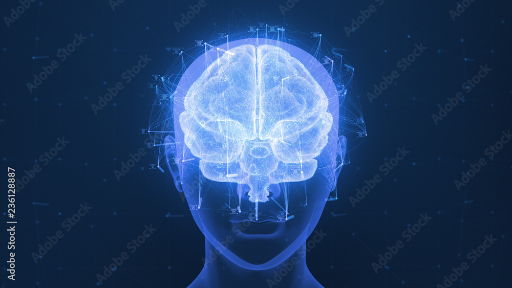 3D render of a holographic digital style human brain conveying the idea ...