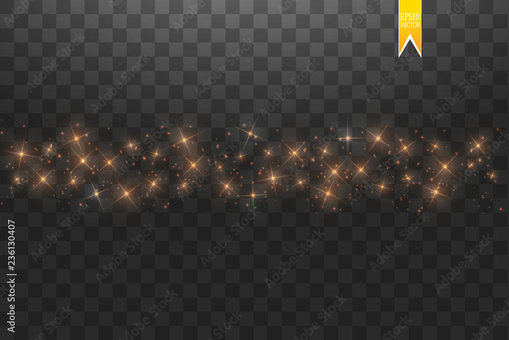Gold star dust trail sparkling particles isolated on transparent background. Vector gold glitter ...