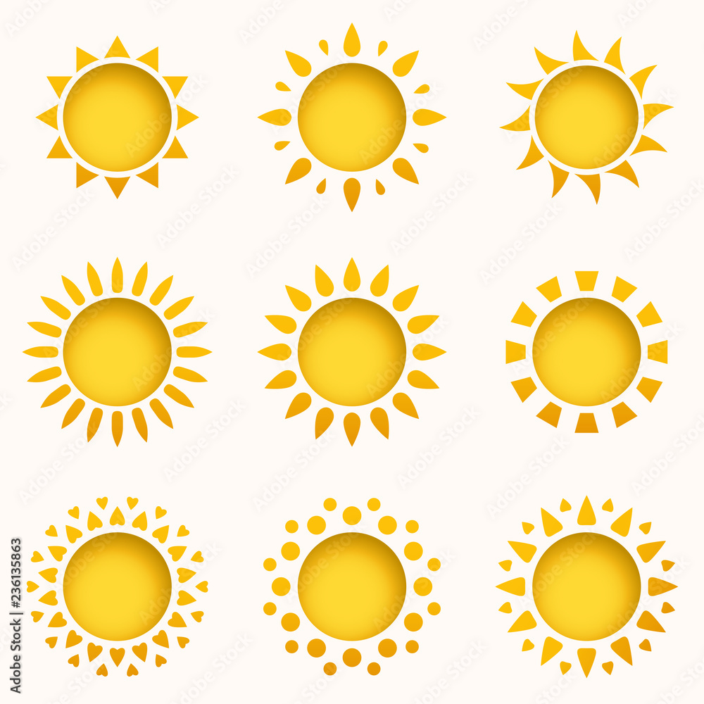 Sun icon set. Summer sky elements. Sun silhouettes collection. Isolated ...