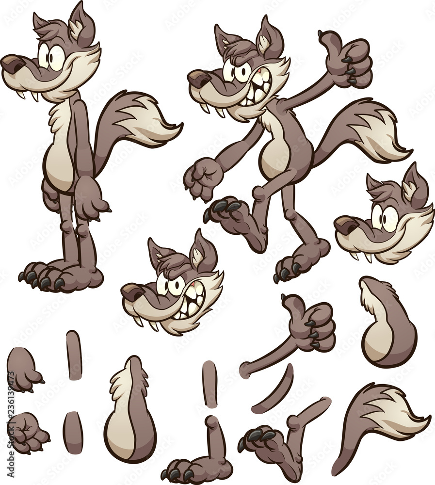Cartoon wolf or coyote character with different body pats. Vector clip ...