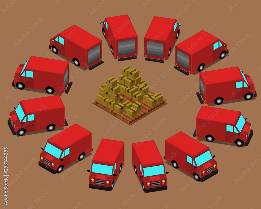 Twelve identical cars are parked around the boxes. Delivery vans ...