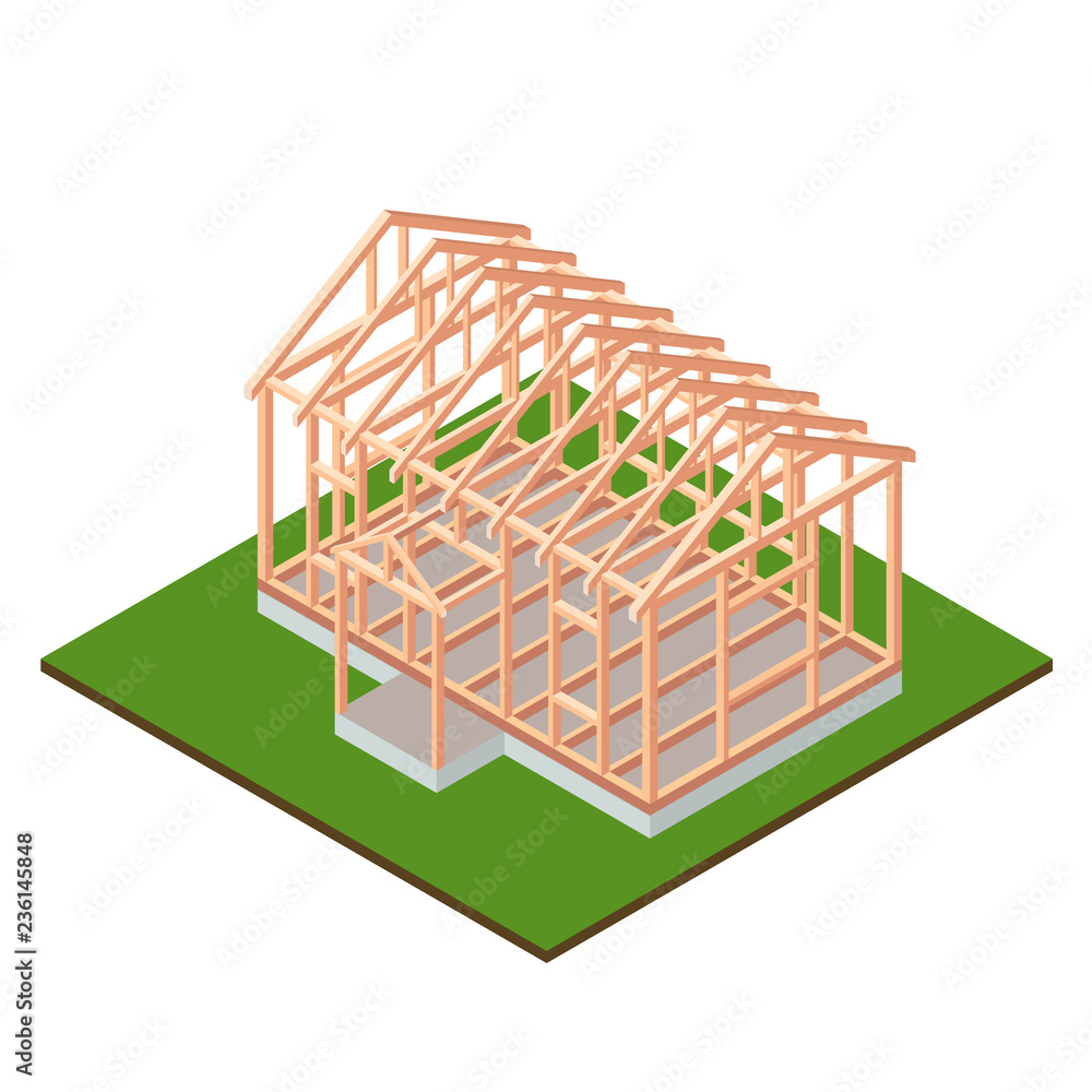 Timber frame house base construction design. Isometric concept. Wood ...