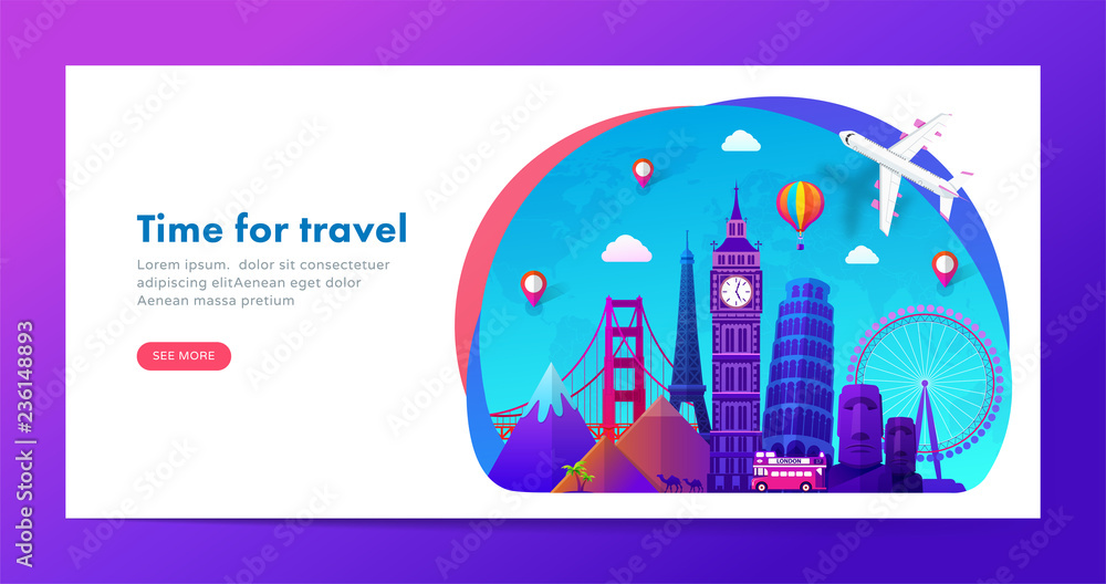 Travel banner design with famous landmarks in modern gradient style for ...