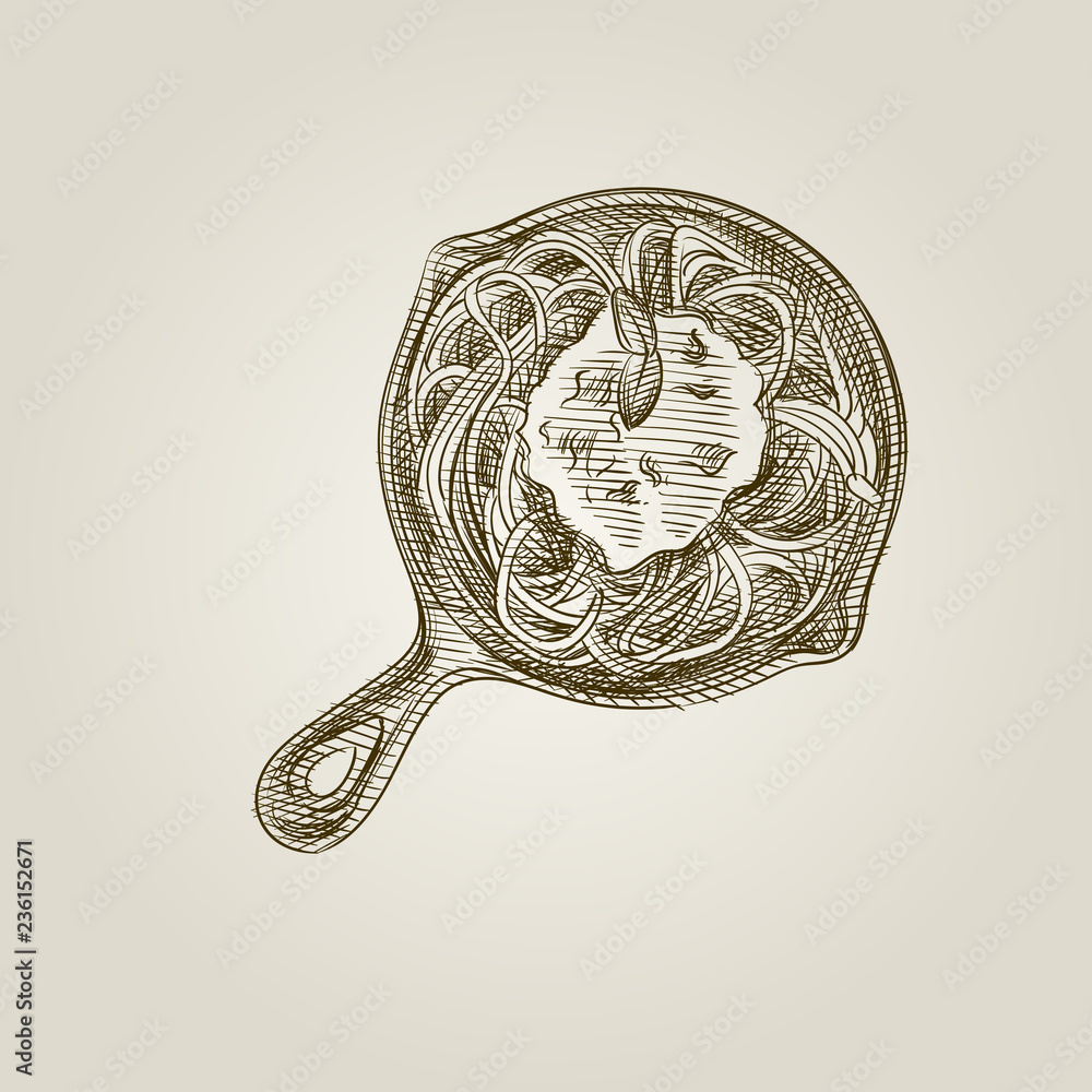Pasta spaghetti with sauce in a cooking pan Sketch Symbol isolated on ...