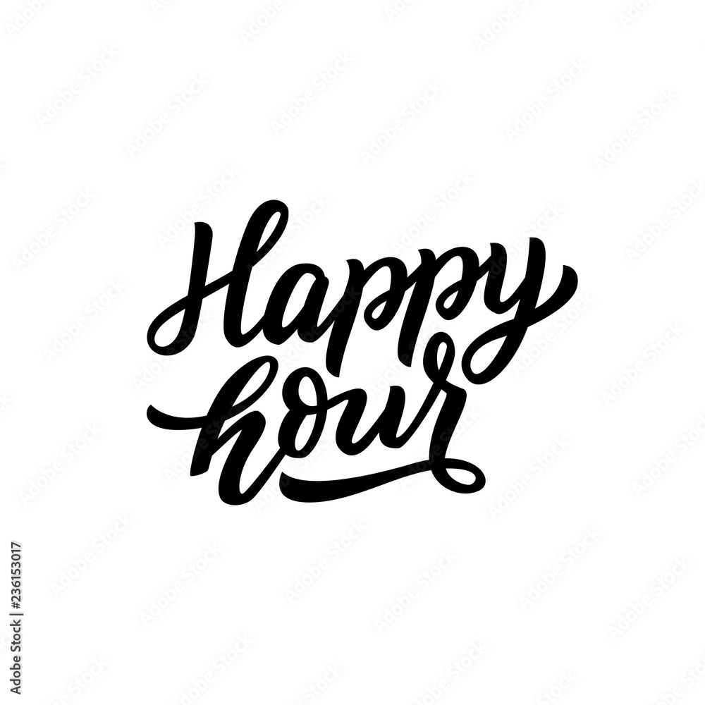 Hand drawn lettering happy hour for banner, card, poster, sale. Vector ...