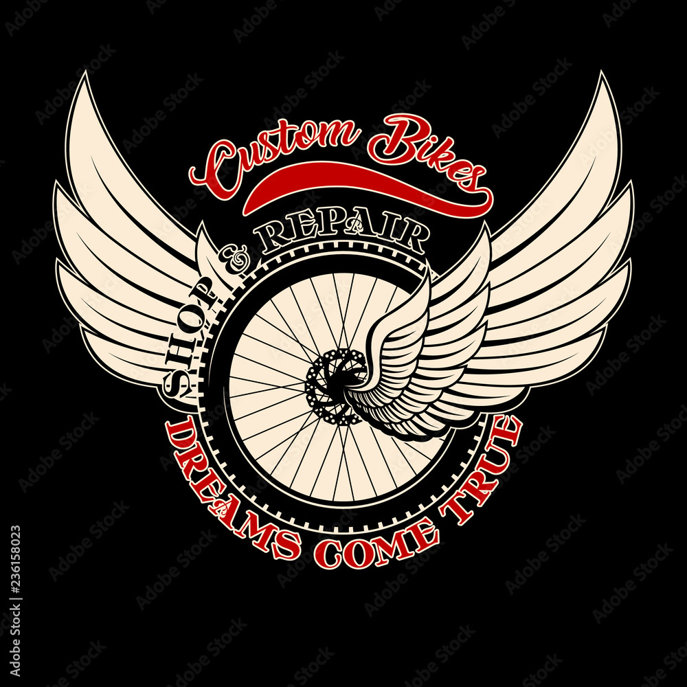 Custom Bikes Shop logo, Winged wheel, retro design. Stock vector ...