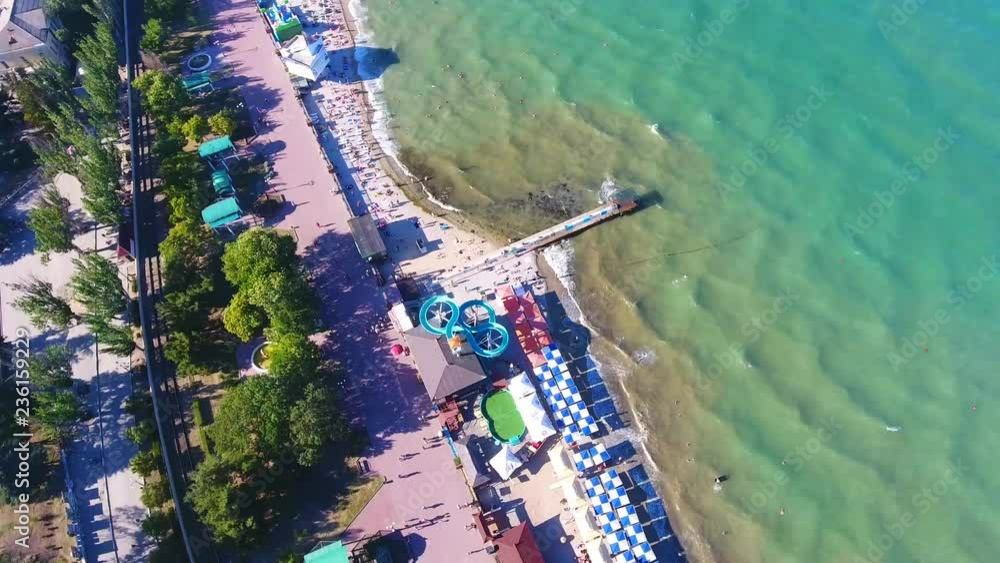 Aerial view: Sea, beach, water park resort town of Feodosiya, Crimea ...