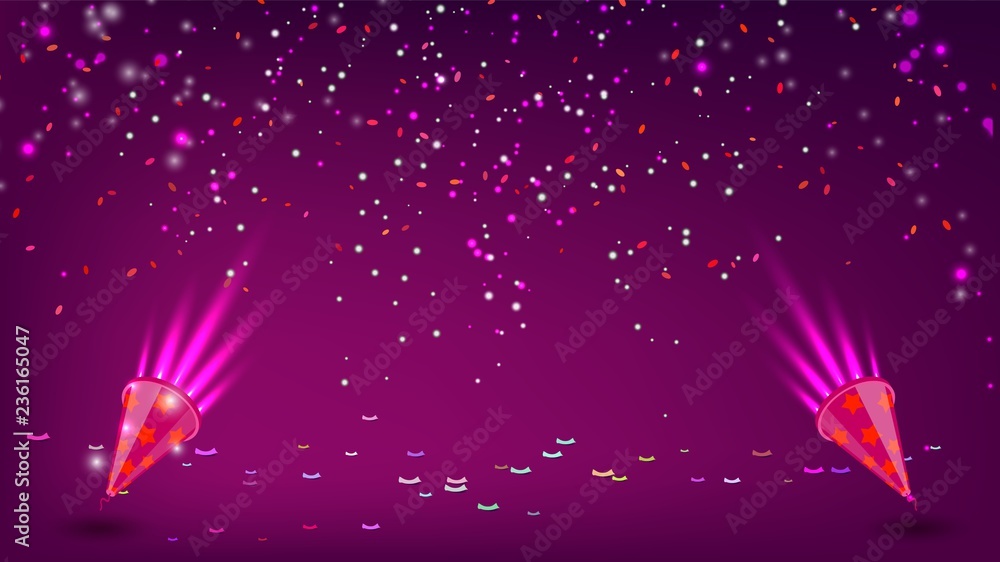 Purple background with confetti and exploding party crackers. Vector ...