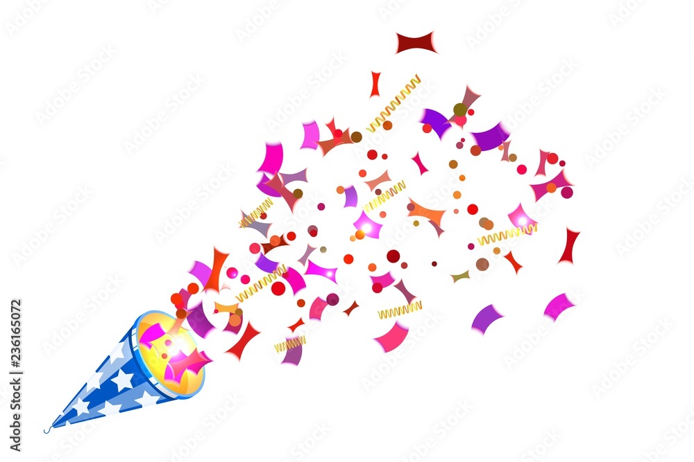Bright party cracker with kofetti in isometric style on a white ...